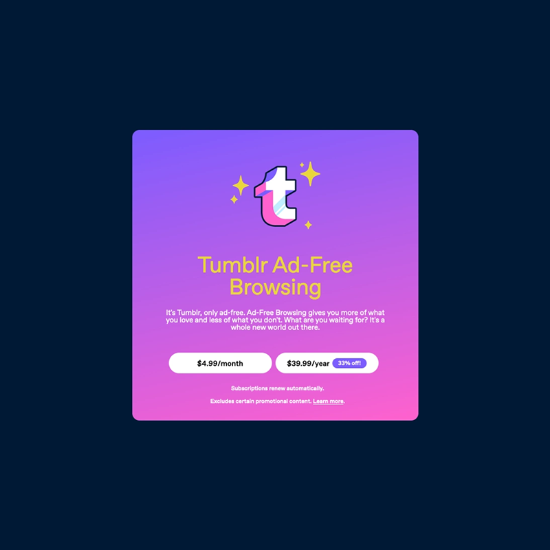 Tumblr Adds Subscription Options So Users Can Remove Its Ads For A Price